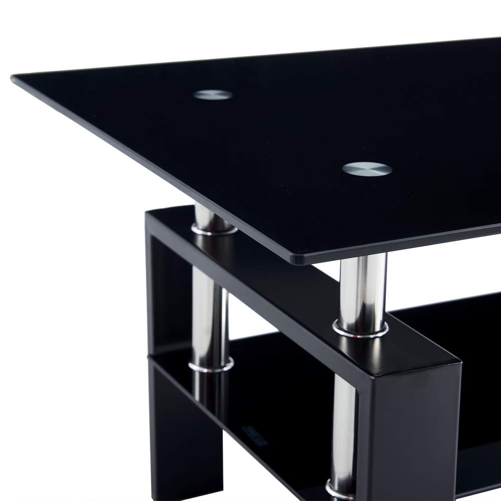 BCGUANG Rectangular Glass Dining Table,2-Tier Kitchen Table with Storage and Stainless Steel Legs, Coffee Table Set for Dinner Room (Black)