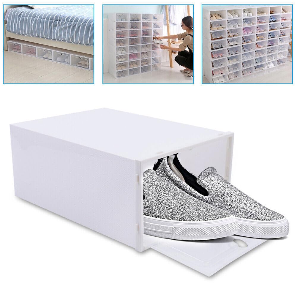 LUGBING 20 Pack Foldable Shoe Boxs, Clear Plastic Shoe Organizer for Closet, Space Saving Stackable Shoe Rack for Entryway, Drop Front, Under Bed