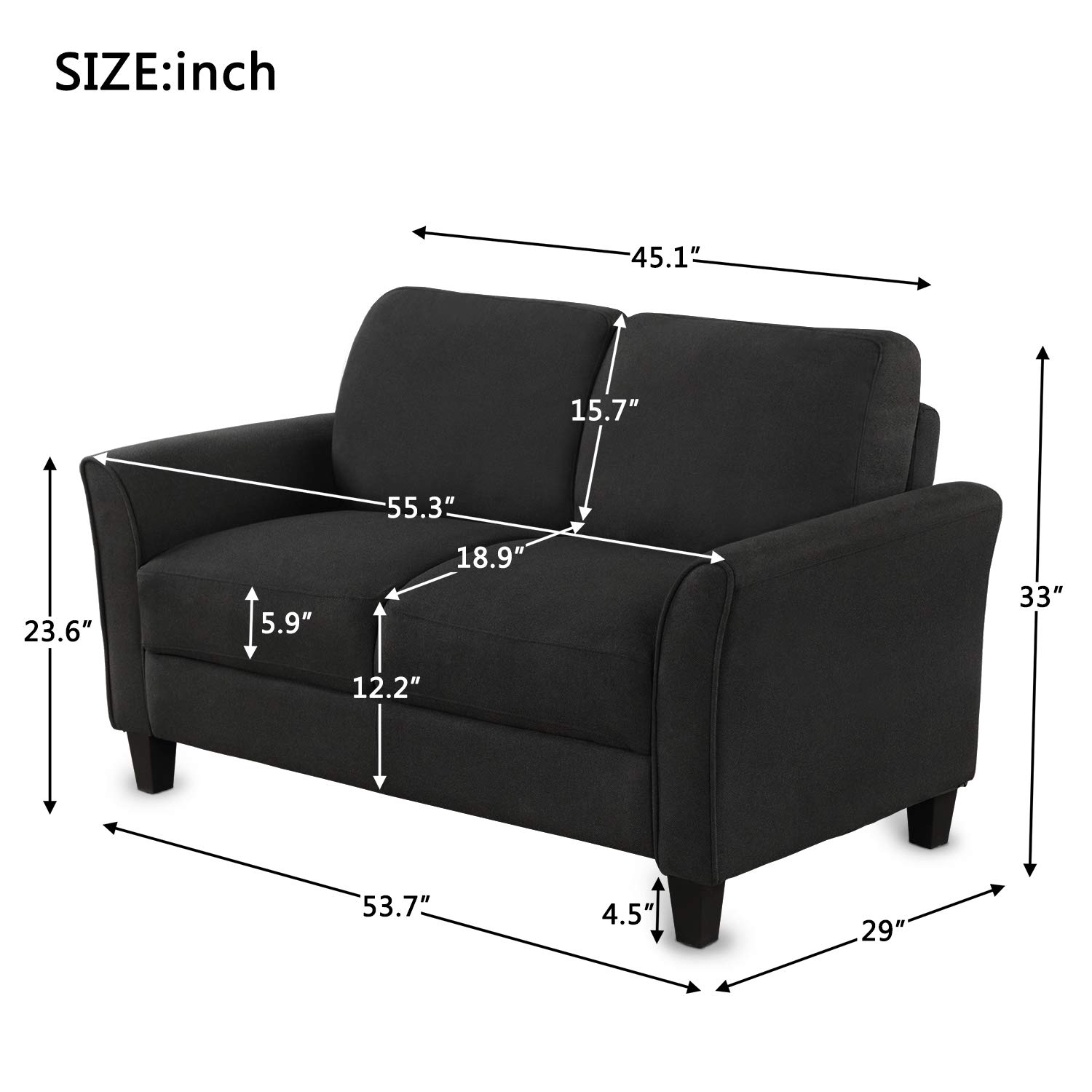 FIQHOME 53.7" Loveseat,Mid Century Modern Furniture Love Double Seat Sofa,Small Couch for Living Room,Bedroom,Apartment,Studio(Black)
