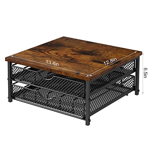 Coffee Pod Drawer K Cup Organizer 2-Tier Coffee Pod Storage Holder with Drawer Baskets 72 Capacity Coffee Capsule Storage Organizer Drawer, Industrial Brown and Black