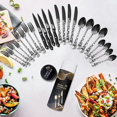 24-Piece Silverware Set with Steak Knives for 4,Unique Pattern Design，Stainless Steel Flatware Cutlery Set For Home Kitchen Restaurant Hotel, Kitchen Utensils Set, Mirror Polished, Dishwasher Safe