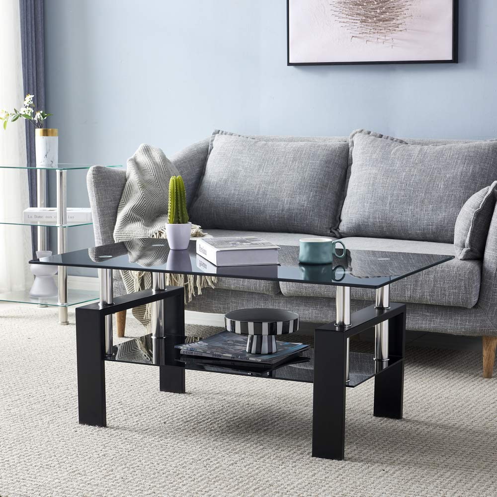 BCGUANG Rectangular Glass Dining Table,2-Tier Kitchen Table with Storage and Stainless Steel Legs, Coffee Table Set for Dinner Room (Black)