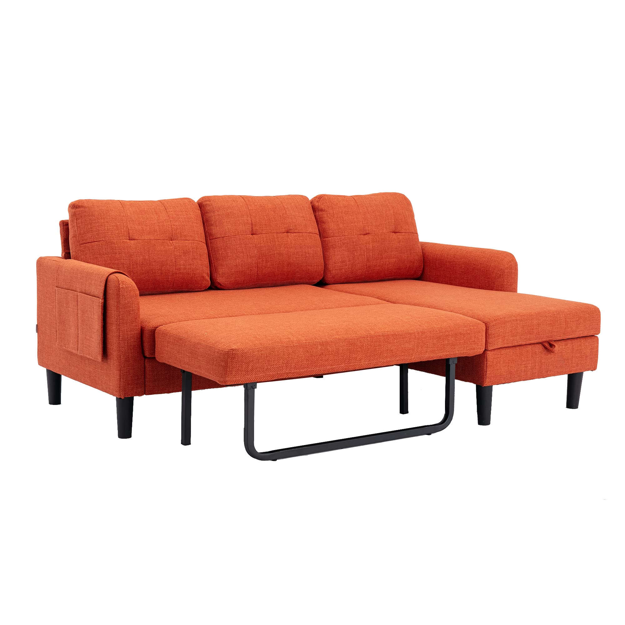 Eafurn 3 Seater Sectional Chaise Lounge and Storage,L Shaped Convertible Pull Out Bed,Comfy Velvet Upholstery Corner Sofa & Couches Button Tufted Living Room Furniture Sets, Orange 72.44"