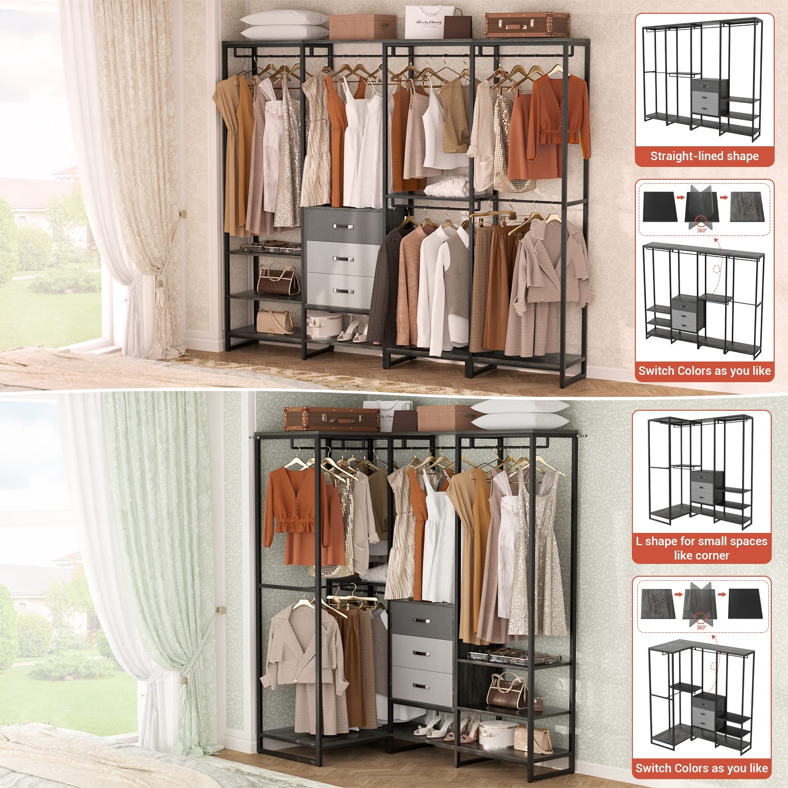 Aheaplus Wood Clothes Rack Wardrobe Closet for Hanging Clothes Heavy Duty Garment Rack, Large Corner L Shaped Closet System Organizer Walk-in Closet for Bedroom with 3 Wood Drawers,-S1, White and Grey