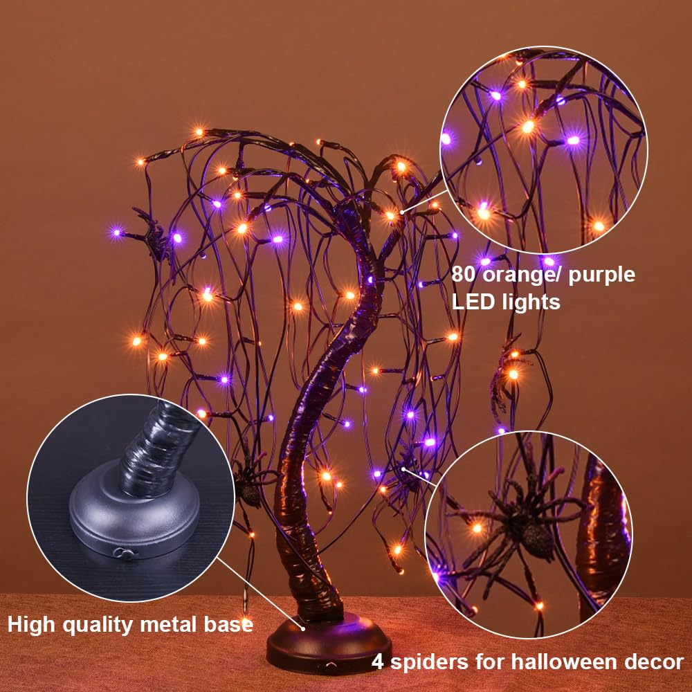 24Inch Halloween Lighted Willow Tree Bonsai Light 80 Orange and Purple LED Lights Table Top Lamp Artificial Tree Desk Decor with 4 Spiders Adapter Plug in/Battery Powered for Christmas Decoration