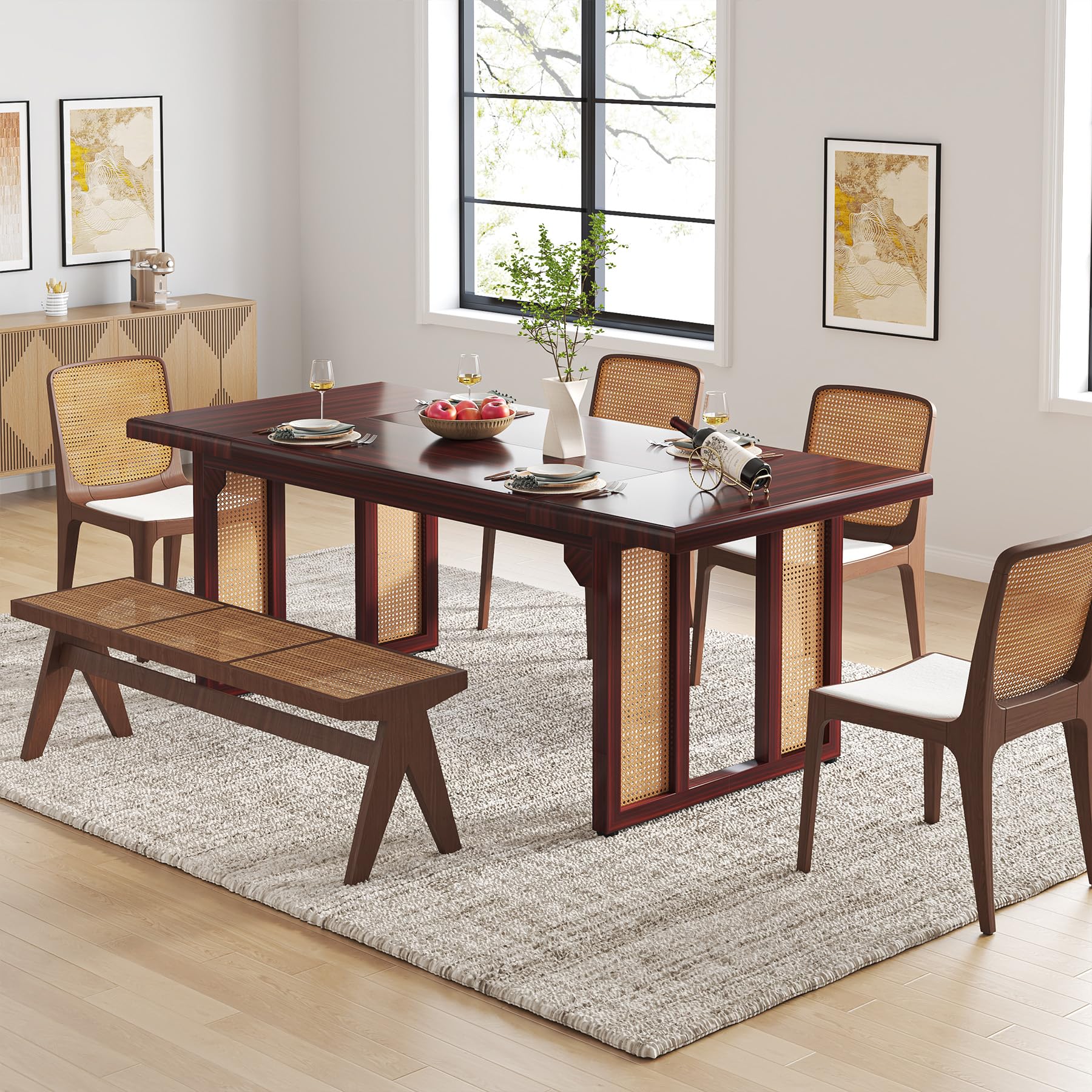 Tribesigns 70.87 Inch Dining Table for 6-8, Rectangular Kitchen Table, Rustic Dining Room Table with Rattan Frame, Large Dinner Table for Dining Room, Kitchen, Deep Walnut