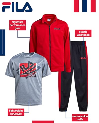 Fila Boys' Tracksuit Set - 3 Piece Short Sleeve Athletic Shirt, Tricot Jacket, Jogger Sweatpants for Toddlers & Boys (2T-16), Size 10-12, Racing Red