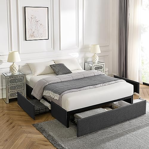 Lumelay Full Size Bed Frame with 3 Storage Drawers, Fabric Upholstered Platform Bed Frame Full No Fixed Headboard,Strong Matel Frame and Wooden Slats Support No Nosie No Box Spring Needed (Full)