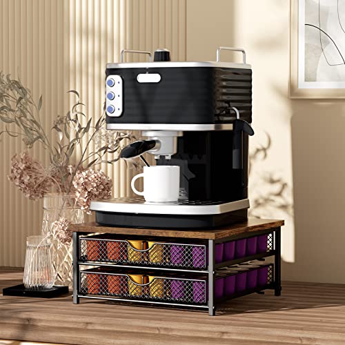 Coffee Pod Drawer K Cup Organizer 2-Tier Coffee Pod Storage Holder with Drawer Baskets 72 Capacity Coffee Capsule Storage Organizer Drawer, Industrial Brown and Black
