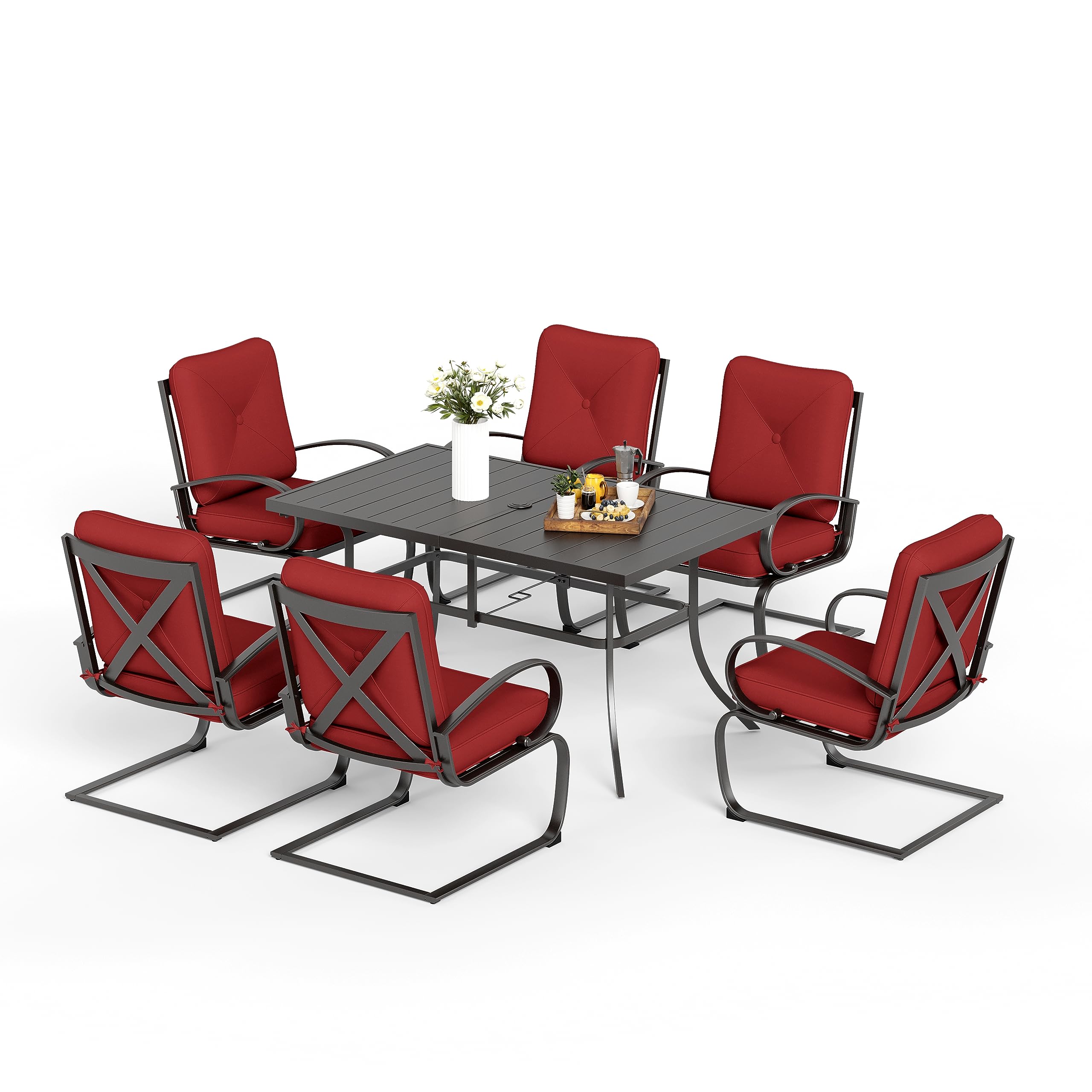 MFSTUDIO 7 Piece Outdoor Patio Dining Set, 6 Spring Motion Cushion Chairs, 1 Rectangular Table with 1.57"-1.9" Adjustable Umbrella Hole, Metal Furniture Sets for Garden, Red
