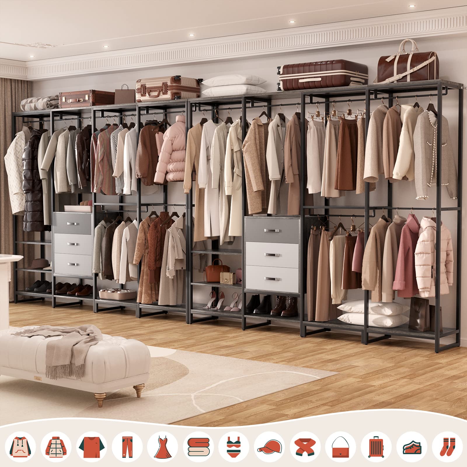 Aheaplus Wood Clothes Rack Wardrobe Closet for Hanging Clothes Heavy Duty Garment Rack, Large Corner L Shaped Closet System Organizer Walk-in Closet for Bedroom with 3 Wood Drawers,-S1, White and Grey