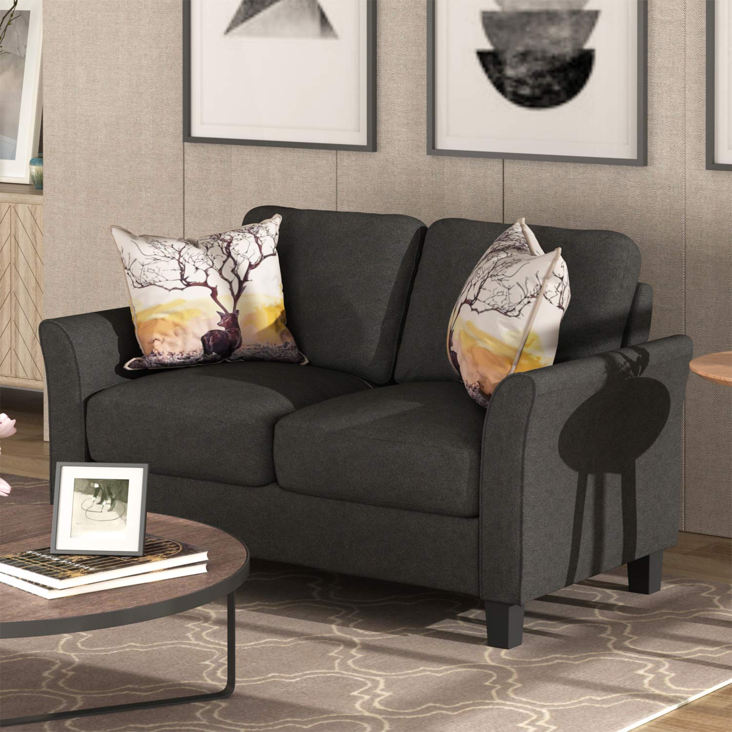 FIQHOME 53.7" Loveseat,Mid Century Modern Furniture Love Double Seat Sofa,Small Couch for Living Room,Bedroom,Apartment,Studio(Black)