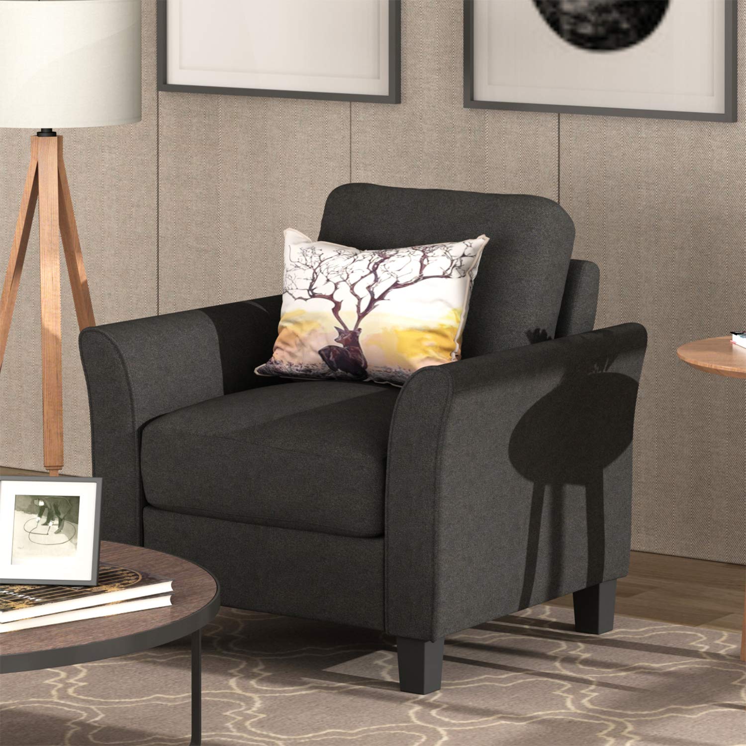 FIQHOME Accent Living Room,Furniture Armrest, Mid Century Modern Armchair with Pillow,Comfortable Single Sofa Chairs for Bedroom, Home Office(Black)