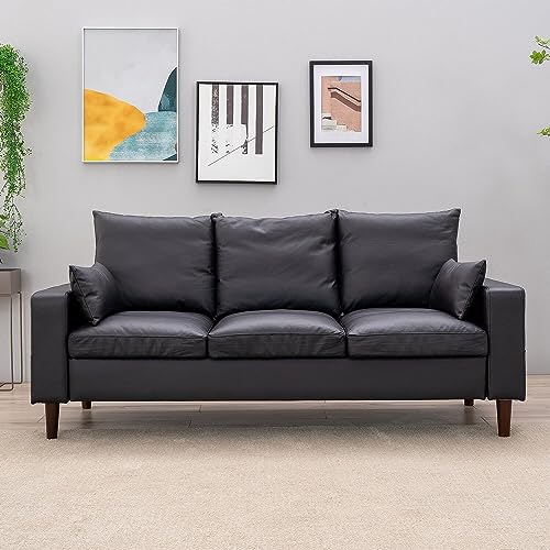 Panana Couch 3 Seater Loveseat Sofa with Storage Pockets for Living Room, Upholstered Faux Leather Sofa with 2 Pillows, Cushion Back Sofa for Bedroom, Home Office, Apartment