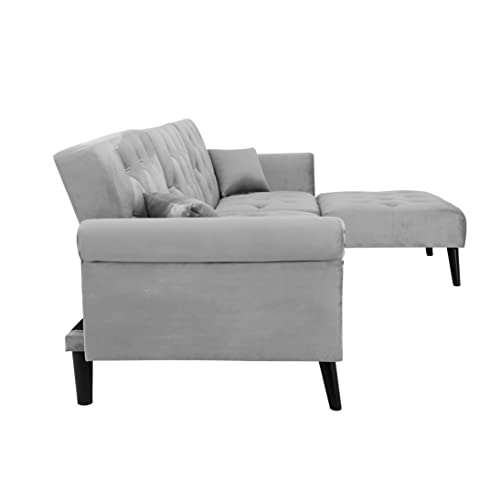 LCH Velvet Convertible Sleeper Sectional Sofa Bed,Reversible L Shaped Button Tufted Couch Furniture Set with Chaise Lounge 2 Pillows for Living Room, Office, Light Grey
