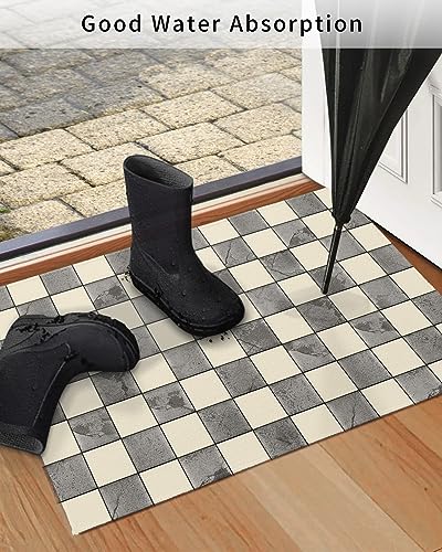 Front Entrance Floor Mats, Non Slip Bathroom/Kitchen Mat Absorbent Durable Small Rugs, Geometric Classic Squares Retro Tiles Pattern Door Mat Indoor/Outdoor Carpet Shoes Scraper 18x30 inch