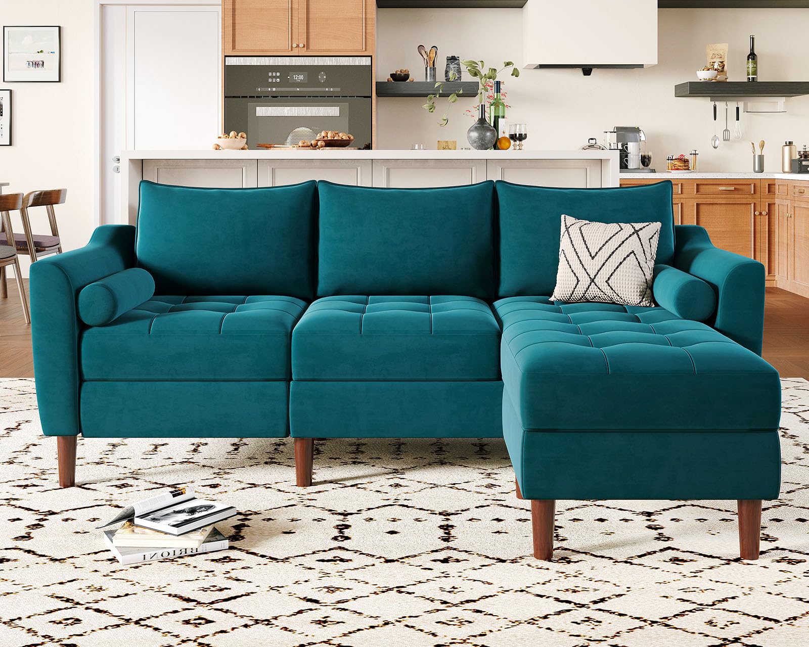 Belffin Reversible Sectional Sofa Couch Mid-Century Modern Velvet L Shaped Sofa 3-Seat Sofa Sectional with Reversible Chaise Foot Rest for Apartment and Small Space Peacock Blue
