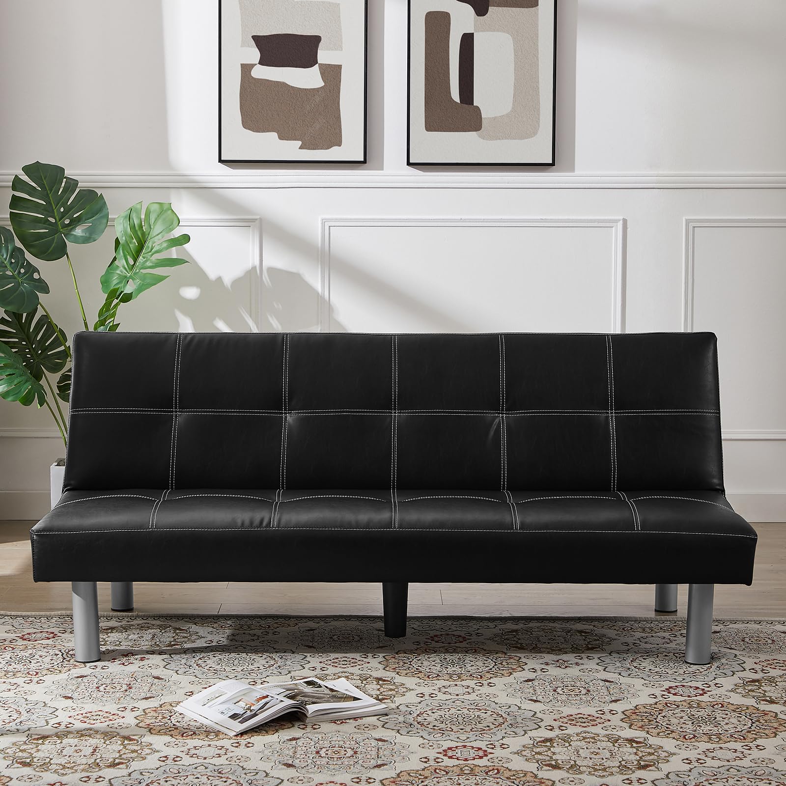 BIVVI Faux Leather Couch Futon Sofa Bed Convertible Folding Daybed Modern Upholstered Sleeper for Compact Living Space Loveseat Sofá Bed Lounge Sofa for Living Room Apartment Home Office,Black