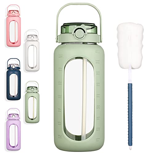 64oz Glass Water Bottles with Straw Time Marker Half Gallon Large Motivational Water Bottle with Silicone Sleeve 2L Big Glass Water Jug Bottle for Gym, Sports, Workout, Daily Green