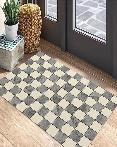 Front Entrance Floor Mats, Non Slip Bathroom/Kitchen Mat Absorbent Durable Small Rugs, Geometric Classic Squares Retro Tiles Pattern Door Mat Indoor/Outdoor Carpet Shoes Scraper 18x30 inch