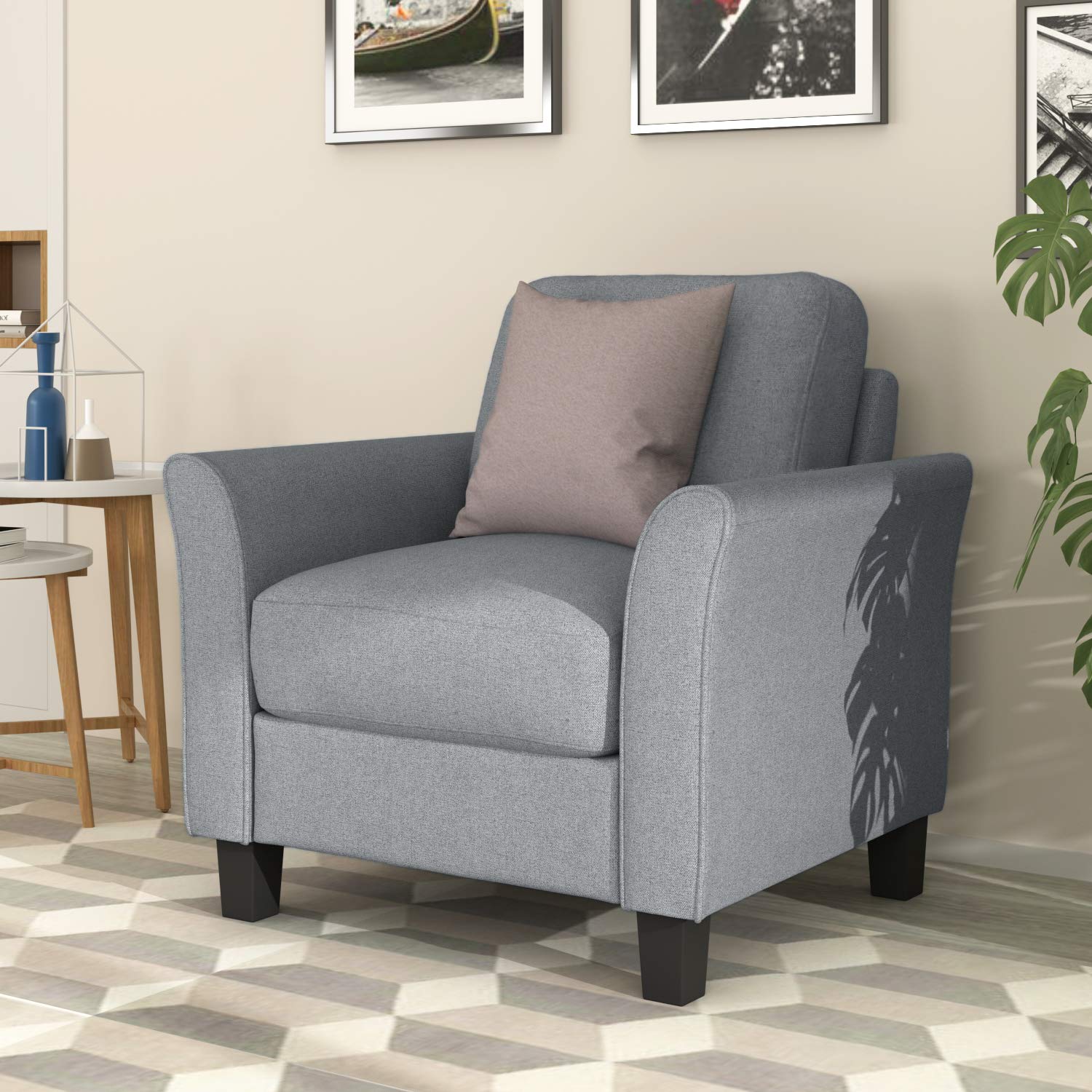 FIQHOME Accent Living Room,Furniture Armrest, Mid Century Modern Armchair with Pillow,Comfortable Single Sofa Chairs for Bedroom, Home Office(Gray)