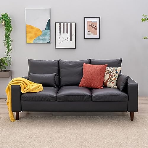 Panana Couch 3 Seater Loveseat Sofa with Storage Pockets for Living Room, Upholstered Faux Leather Sofa with 2 Pillows, Cushion Back Sofa for Bedroom, Home Office, Apartment
