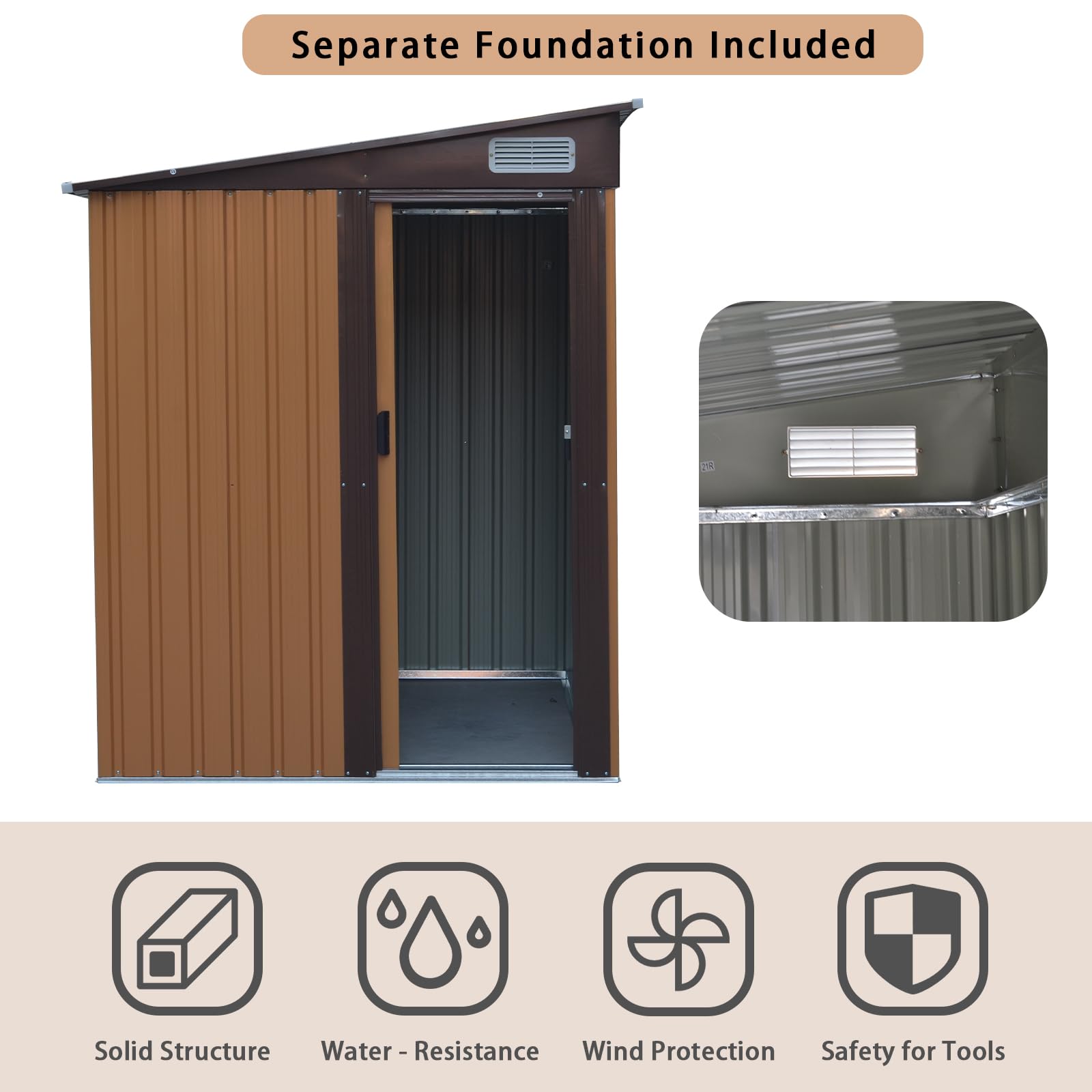 5' x 7' Outdoor Storage Shed, Metal Garden Tool Shed with Lockable Door and Vents, Galvanized Steel Outside Sheds for Backyard, Patio, Lawn, Brown