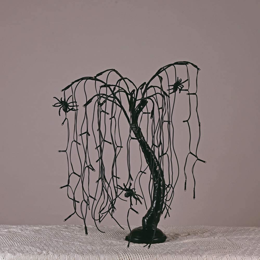 24Inch Halloween Lighted Willow Tree Bonsai Light 80 Orange and Purple LED Lights Table Top Lamp Artificial Tree Desk Decor with 4 Spiders Adapter Plug in/Battery Powered for Christmas Decoration
