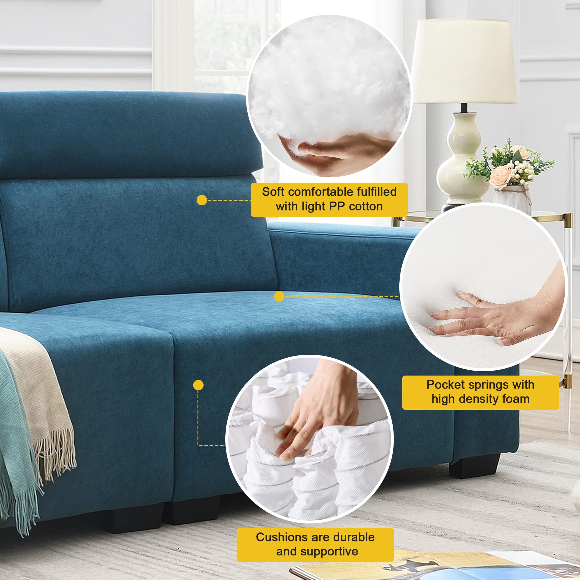 FIQHOME 2-Seater Sectional Sofa Couch with Multi-Angle Adjustable Headrest, Spacious and Comfortable Velvet Loveseat for Living Room,Studios, Salon(Blue)