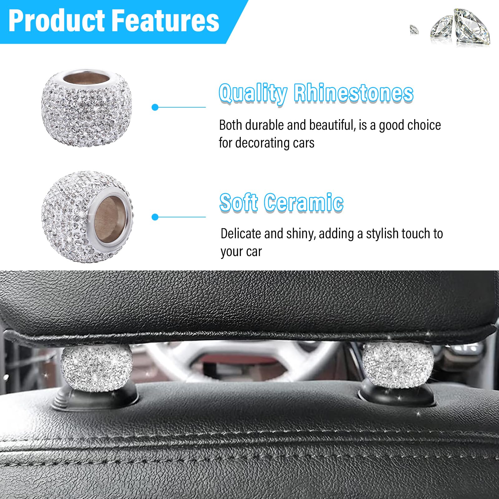 Kewucn 4 Pack Car Headrest Collars, Bling Auto Head Rest Collar Decor Rings, Crystal Diamond Vehicle Seat Collars Rings, Universal Car Interior Decoration Accessories for Most Cars (White)