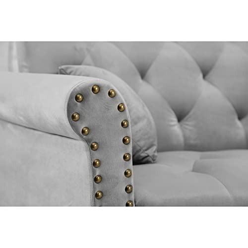 LCH Velvet Convertible Sleeper Sectional Sofa Bed,Reversible L Shaped Button Tufted Couch Furniture Set with Chaise Lounge 2 Pillows for Living Room, Office, Light Grey