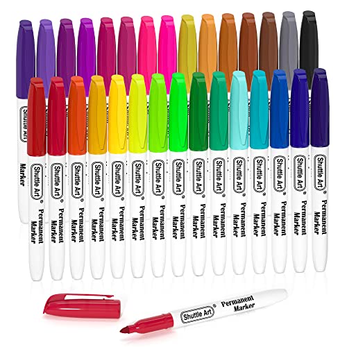 30 Colors Permanent Markers, Fine Point, Assorted Colors, Works on Plastic,Wood,Stone,Metal and Glass for Kids Adult Coloring Doodling Marking by Shuttle Art