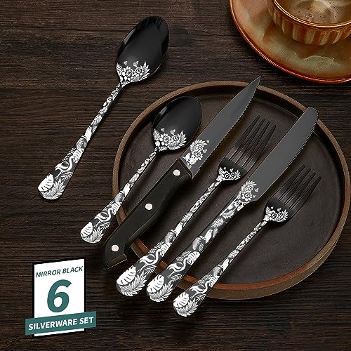 48-Piece Silverware Set with Steak Knives for 8,Unique Pattern Design，Stainless Steel Flatware Cutlery Set For Home Kitchen Restaurant Hotel, Kitchen Utensils Set, Mirror Polished, Dishwasher Safe