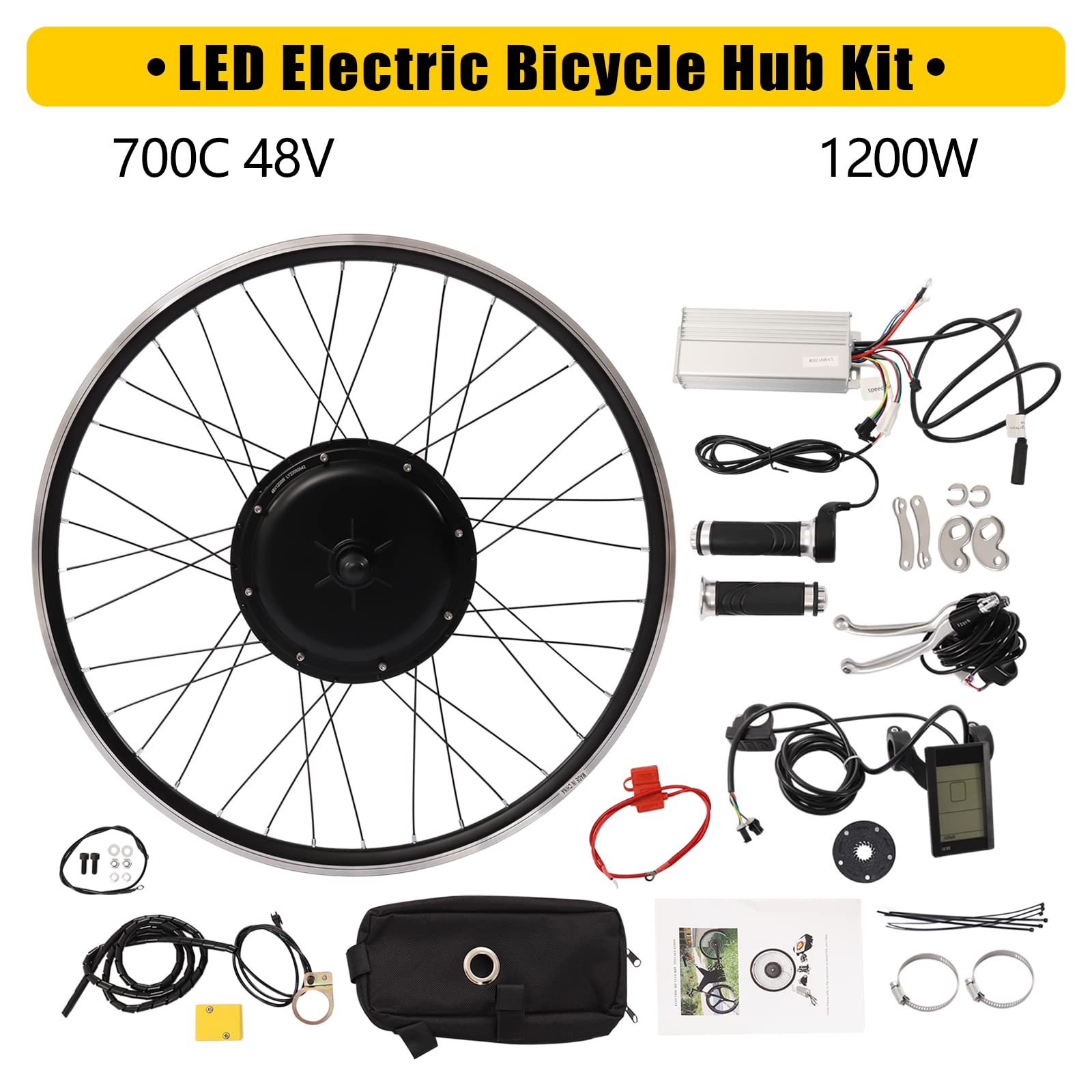 RIAHNEAH 700CC 48V E-Bicycle Conversion Kit, 1200W Front Wheel Electric Bicycle Pedal Assist Sensor Hub Conversion Kit, Motor Kit Universal Motor Wheel Kit with LCD Instrument