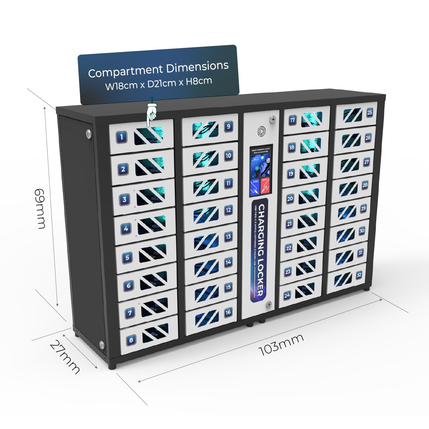 Cellphone Charging Station Locker, 32 Slots Smartphone Charging Station,USB Rechargeable Cellphone Locker for Most Phones(White)