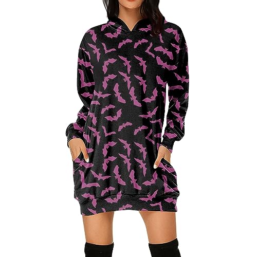 bgtlik Hoodie Dress for Women with Pockets Summer Halloween Print Long Shirt Dress with Hooded Halloween Coffee and Pumpkin Sweatshirt Vintage Floral Graphic Hoodie Womens Hoodies Casual Hoodie