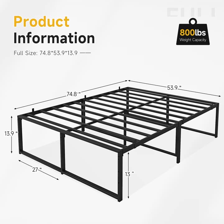GAOMON Full Size Bed Frame, Metal Full Bed Platform Frame 14 Inch with 3 in 1 Steel Support, No Box Spring Needed Easy to Assemble Black Sturdy Bedframe - Full
