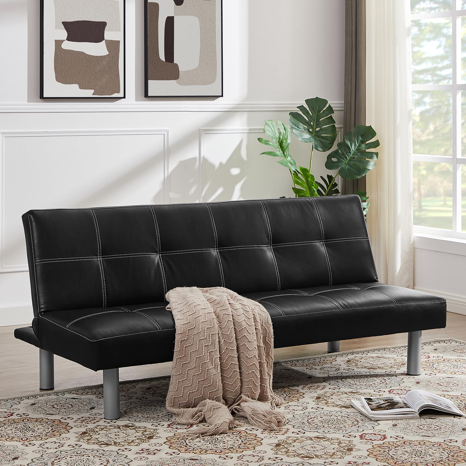 BIVVI Faux Leather Couch Futon Sofa Bed Convertible Folding Daybed Modern Upholstered Sleeper for Compact Living Space Loveseat Sofá Bed Lounge Sofa for Living Room Apartment Home Office,Black