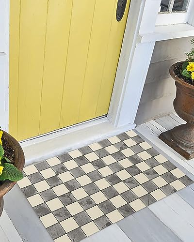 Front Entrance Floor Mats, Non Slip Bathroom/Kitchen Mat Absorbent Durable Small Rugs, Geometric Classic Squares Retro Tiles Pattern Door Mat Indoor/Outdoor Carpet Shoes Scraper 18x30 inch