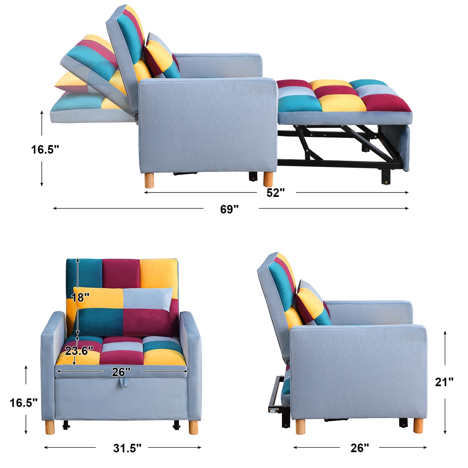 KJGJ 3 in 1 Convertible Sleeper Sofa Chair Bed Adjustable Sleeper Bed Chair with Pillow Multi-Functional Sleeper Chair with Soft Velvet Perfect for Living Room Bedroom or Office (Colorful)