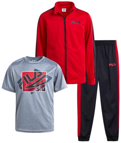 Fila Boys' Tracksuit Set - 3 Piece Short Sleeve Athletic Shirt, Tricot Jacket, Jogger Sweatpants for Toddlers & Boys (2T-16), Size 10-12, Racing Red