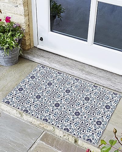 Front Entrance Floor Mats, Non Slip Bathroom/Kitchen Mat Absorbent Durable Small Rugs, Moroccan Vintage Ceramic Tiles Design Floral Forms Door Mat Indoor/Outdoor Carpet Shoes Scraper 20x32 inch