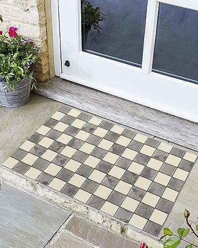 Front Entrance Floor Mats, Non Slip Bathroom/Kitchen Mat Absorbent Durable Small Rugs, Geometric Classic Squares Retro Tiles Pattern Door Mat Indoor/Outdoor Carpet Shoes Scraper 18x30 inch