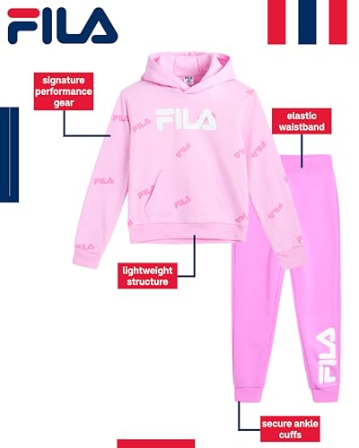 Fila Girls' Active Sweatsuit Set - 2 Piece Performance Fleece Hoodie Sweatshirt and Jogger Sweatpants - Activewear Set, 7-12, Size 7-8, Pink