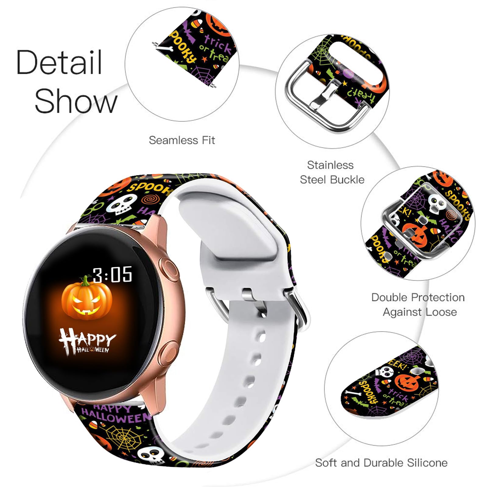 FTFCASE 20mm Floral Silicone Sport Bands Compatible for Samsung Galaxy Wacth 7/6/5/4/3/5 Pro/6&4 Classic/Wacth Active 2&1, Happy Halloween Strap for Galaxy Watch 40/41/42/43/44/45/46/47mm Women Men