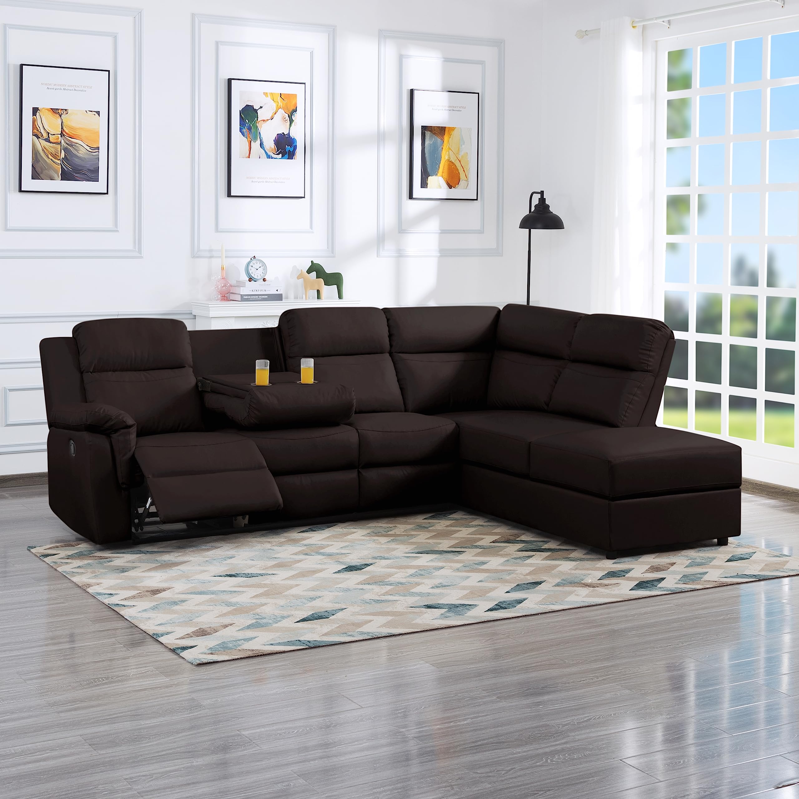 Lepfun 110.2'' Faux Leather Sectional, Manual Reclining 2 Cup Holders & Sorage Ottoman, L-Shaped Corner 5 Seaters Sofa Couch for Living Room, Apartment, Office, Brown