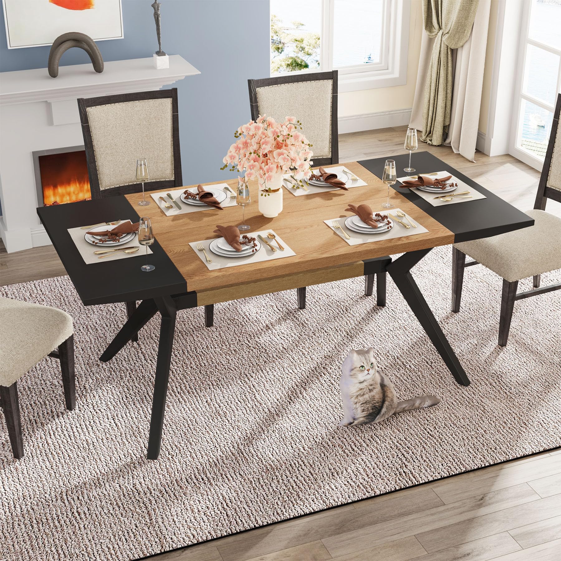 Tribesigns 63" Dining Table for 4-6 People, Modern Rectangular Kitchen Table Dinner Table, Large Dining Room Table with X-Shaped Iron Frame and Thickened Board