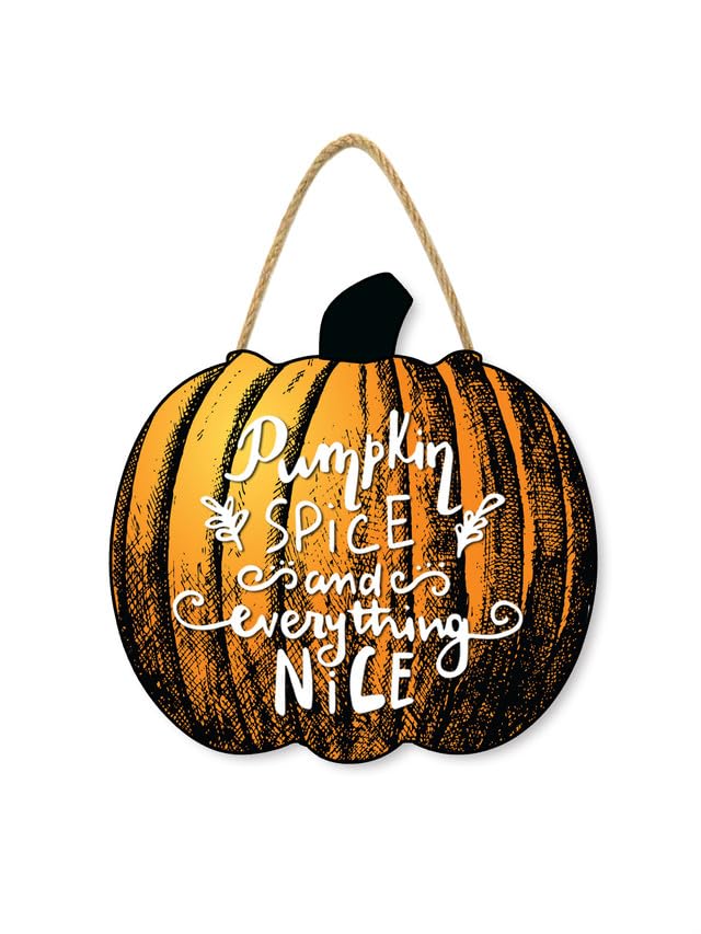 LERJIMUX Fall Sign Thanksgiving Door Hanger Pumpkin Spice And Everything Nice Sign Wooden Pumpkin Decor Hanging Porch Sign for Autumn Harvest Thanksgiving Farmhouse Wall Decoration