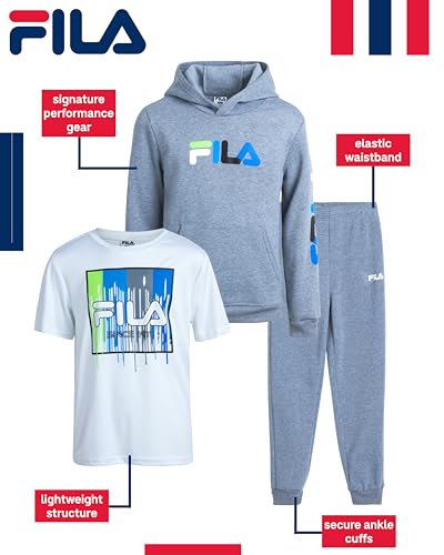 Fila Boys' Active Sweatsuit Set - 3 Piece Performance Hoodie Sweatshirt, Jogger Sweatpants, T-Shirt - Activewear Set (8-12), Size 8, Heather Grey