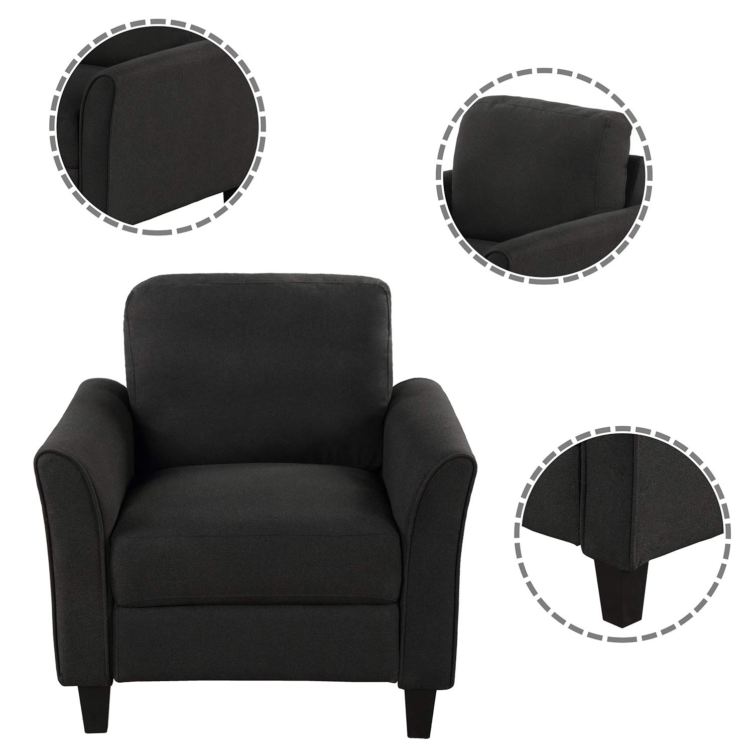 FIQHOME Accent Living Room,Furniture Armrest, Mid Century Modern Armchair with Pillow,Comfortable Single Sofa Chairs for Bedroom, Home Office(Black)